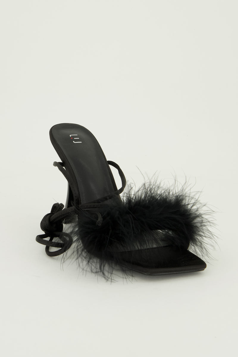 Lace Up Strappy Feather Trim Heels – Imprecca